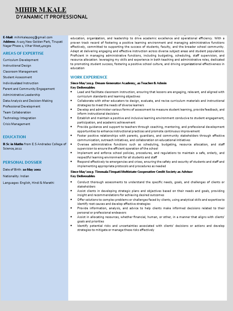 Mihir_CV | Download Free PDF | Teachers | Educational Assessment