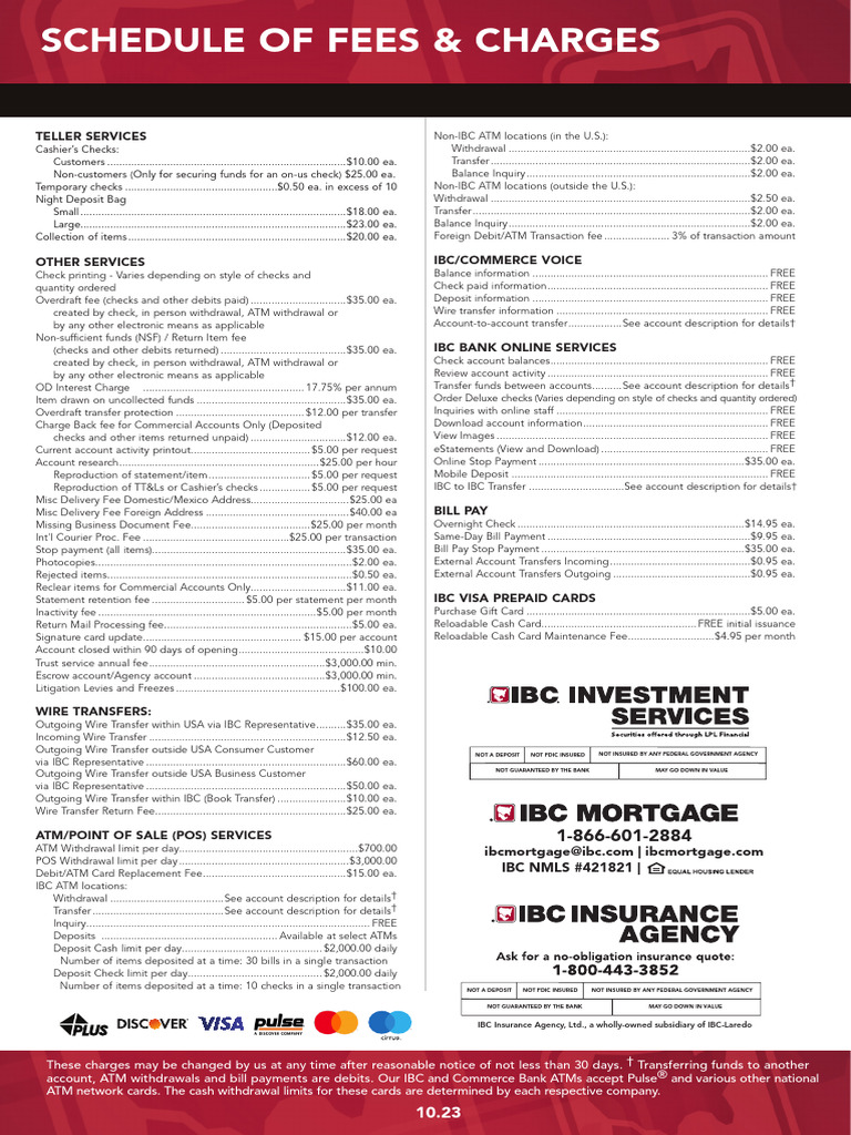 Schedule of Fees and Charges | PDF | Cheque | Wire Transfer