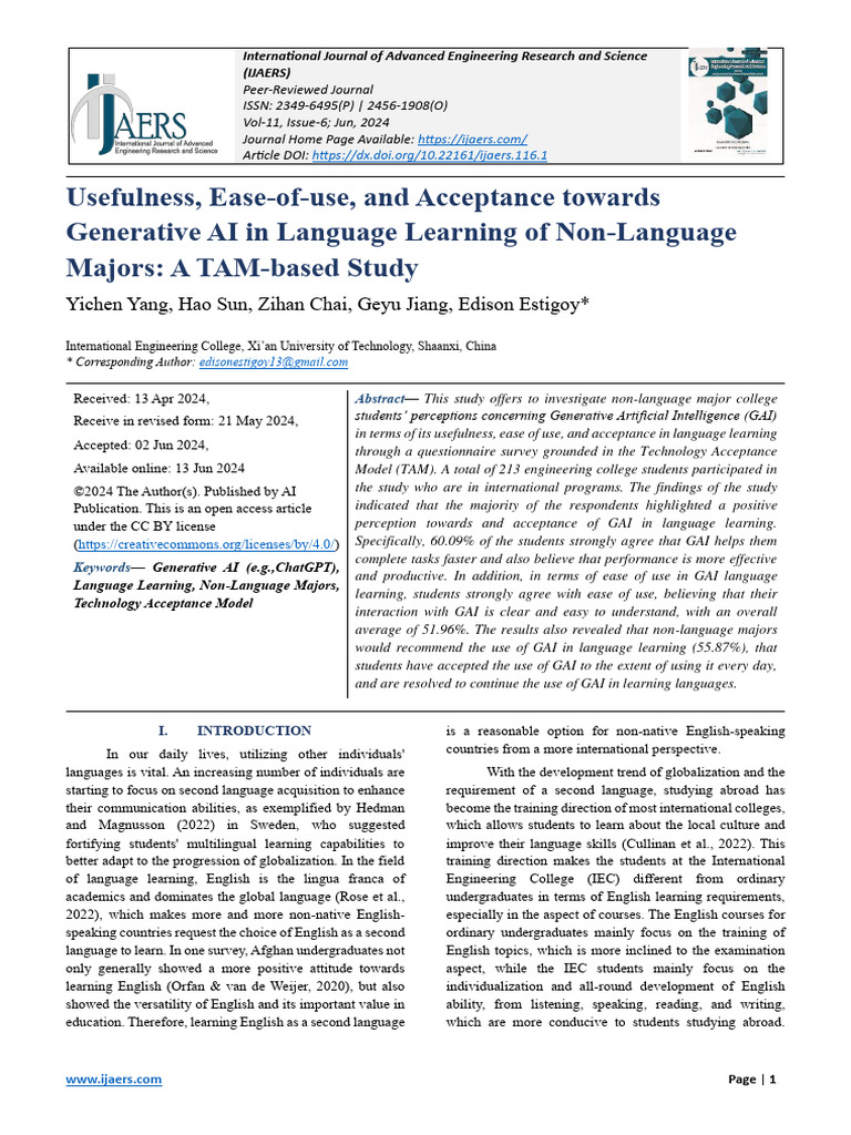 Usefulness, Ease-Of-Use, and Acceptance Towards Generative AI in Language Learning of Non ...