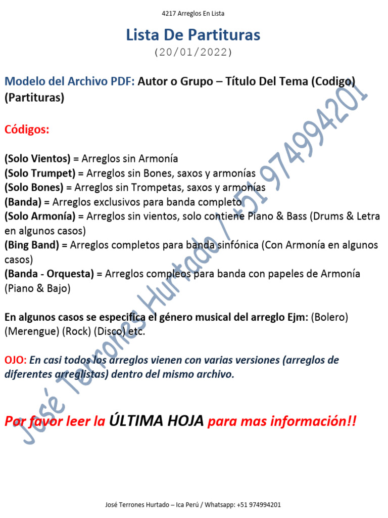 Manual Lista de Partituras (4217 Arreglos) | PDF | Musica Latinoamericana