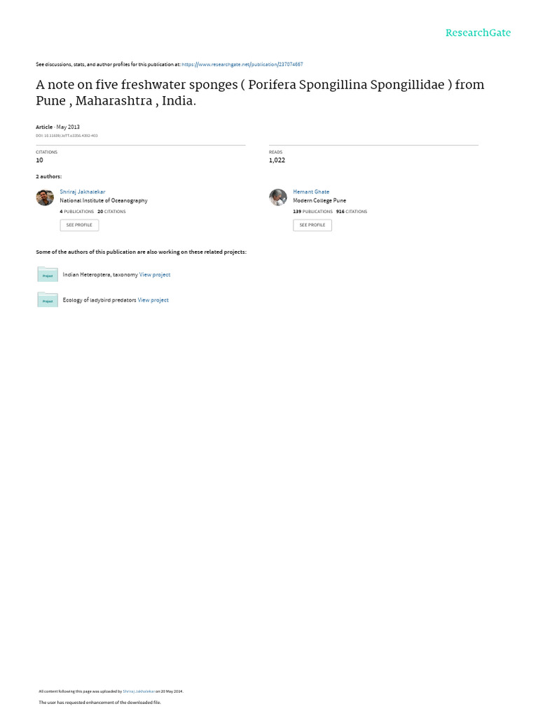 A Note On Five Freshwater Sponges (Porifera Spongillina Spongillidae) From Pune, Maharashtra ...