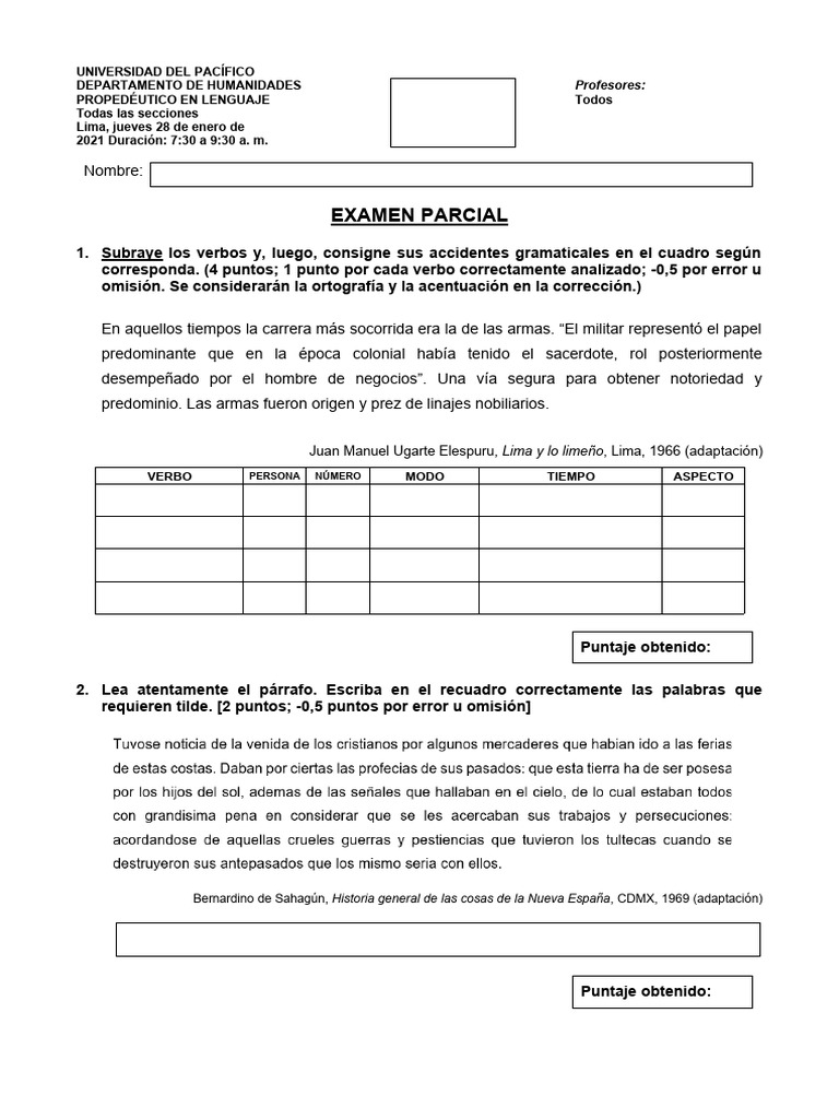 Examen Parcial Proped - Utico en Lenguaje 2021 | PDF | Oración ...