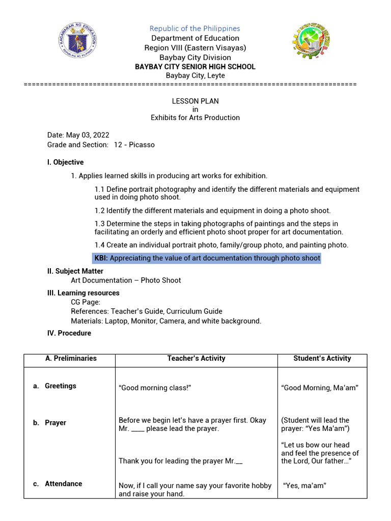Detailed Lesson Plan-BCSHS_Photoshoot 1 | Download Free PDF | Portrait ...