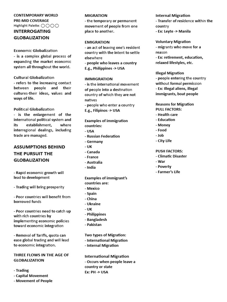 Contemporary World Notes | PDF | Human Migration | Globalization