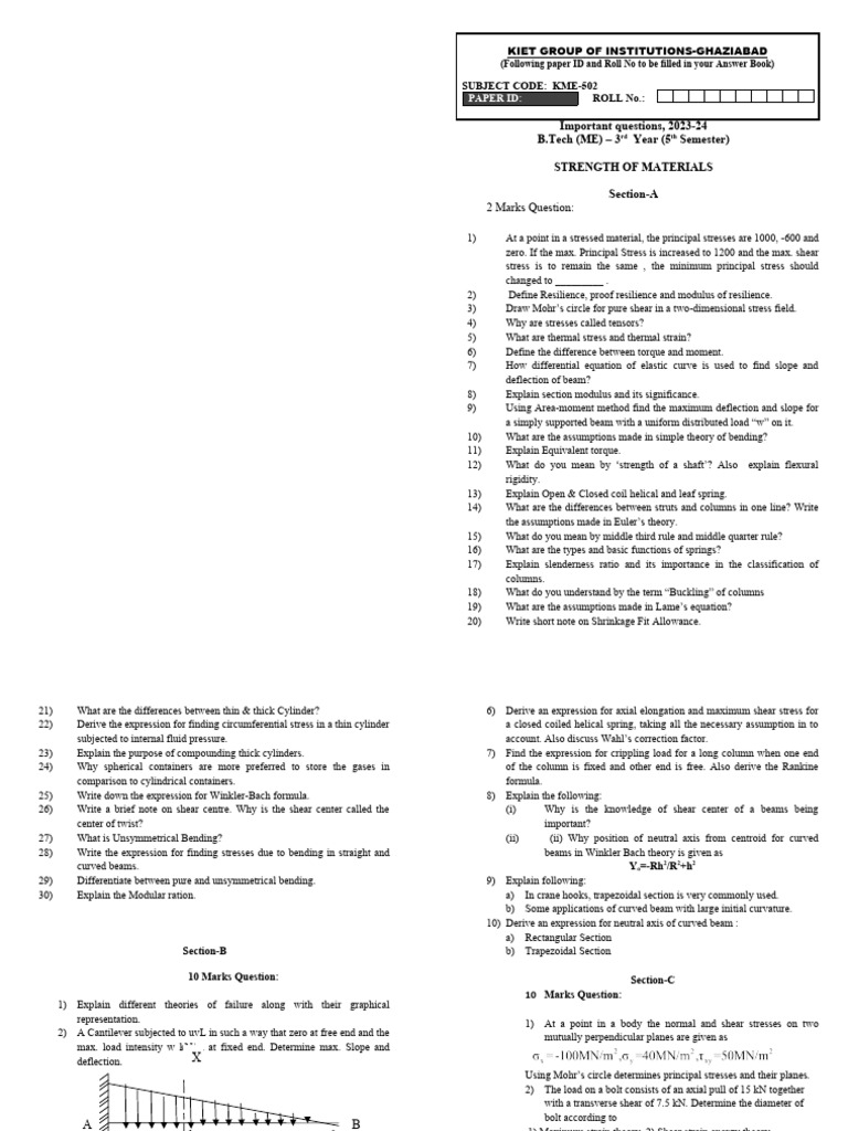 Som - Model Question Paper | Download Free PDF | Bending | Stress ...