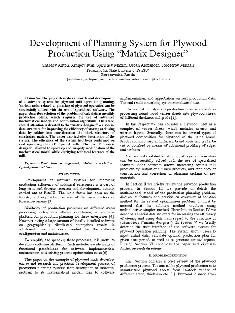 Development of Planning System For Plywood Product | PDF | Matrix (Mathematics) | Linear Programming