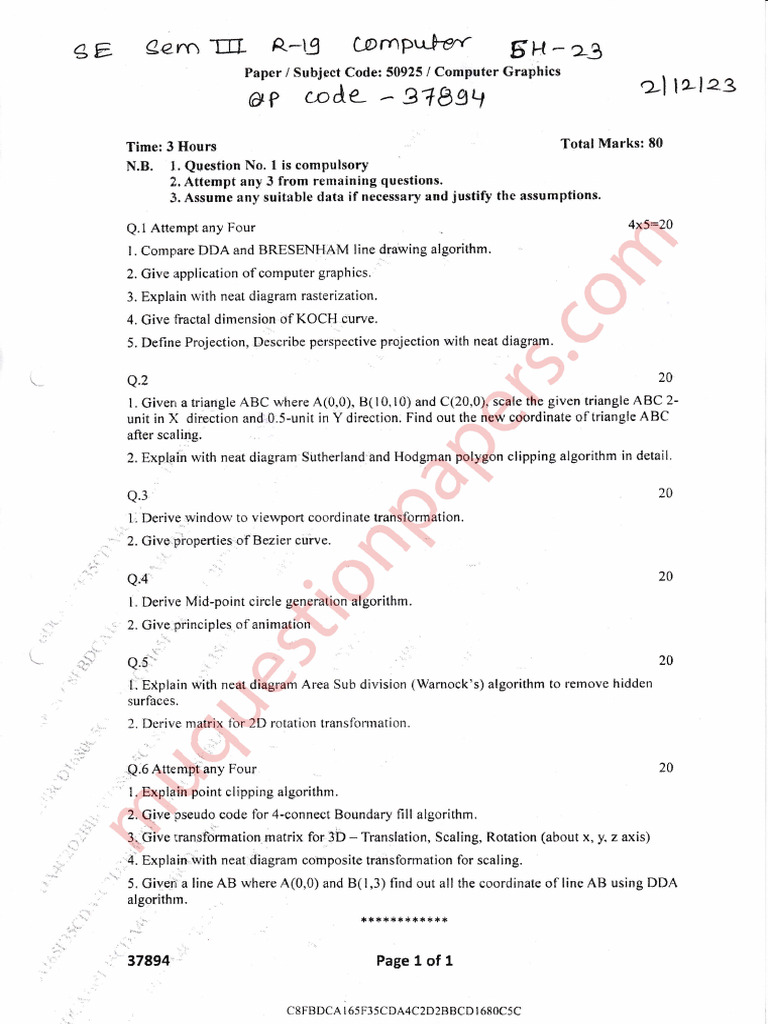 Be - Computer Engineering - Semester 3 - 2023 - December - Computer Graphicsrev 2019 C Scheme ...