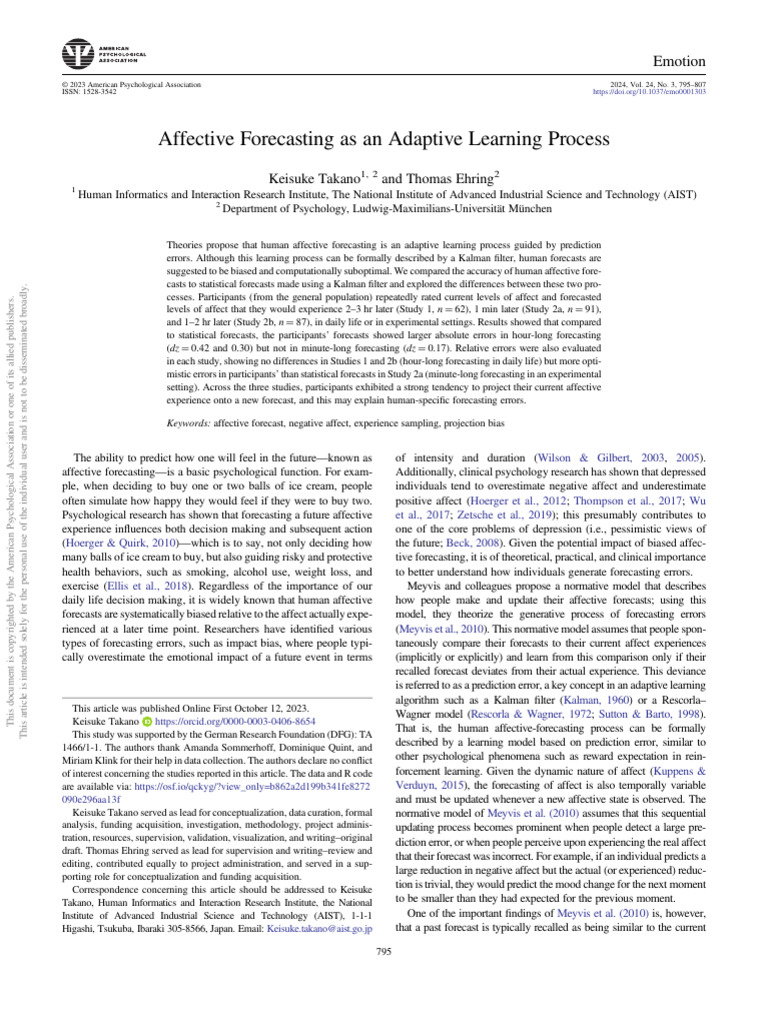 Affective Forecasting As An Adaptive Learning Process: Keisuke Takano and Thomas Ehring ...