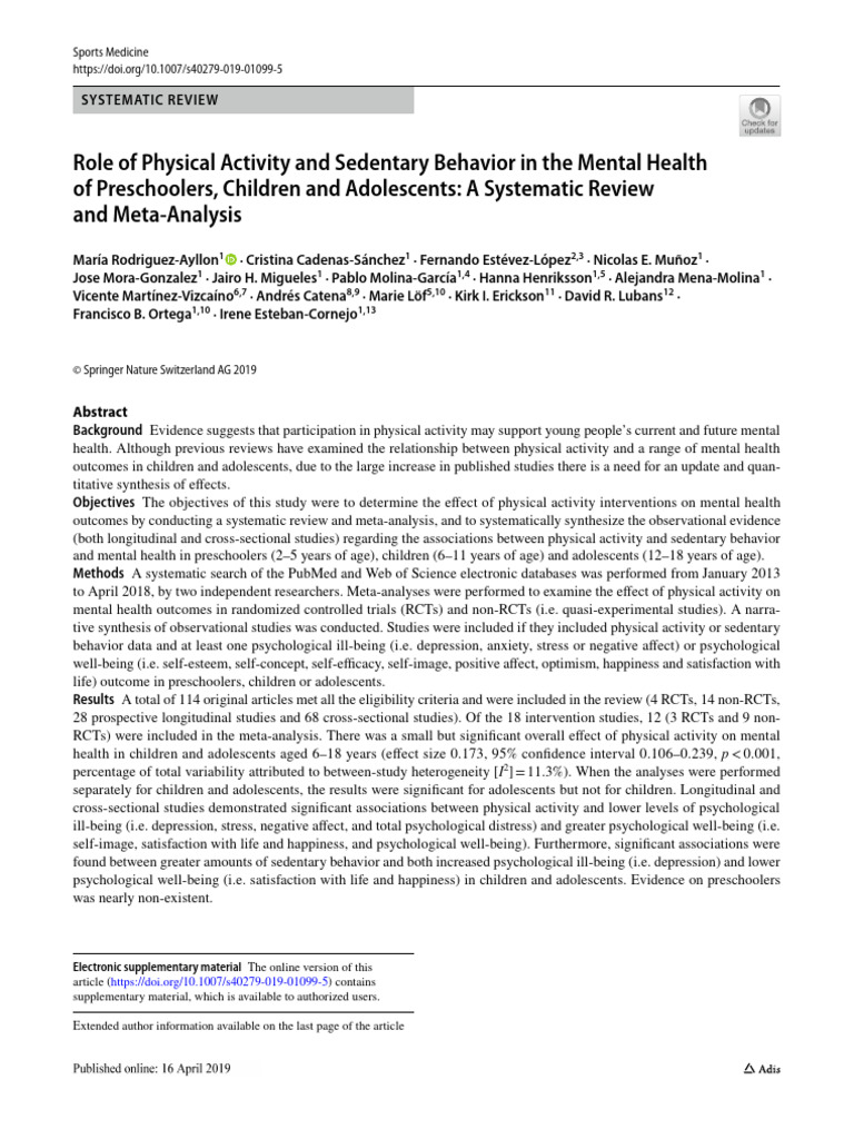 Role of Physical Activity and Sedentary Behavior in the Mental Health | PDF | Systematic Review ...