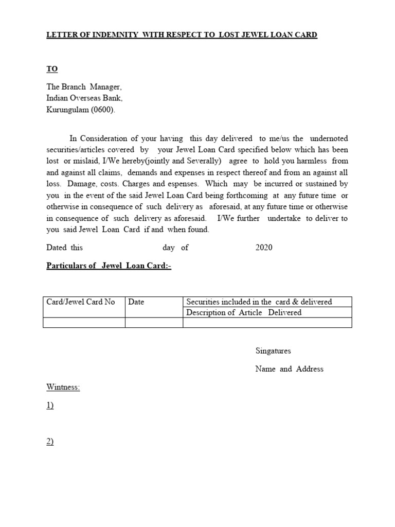 Iob Jewel Loan Letter | PDF | Finance & Money Management | Law