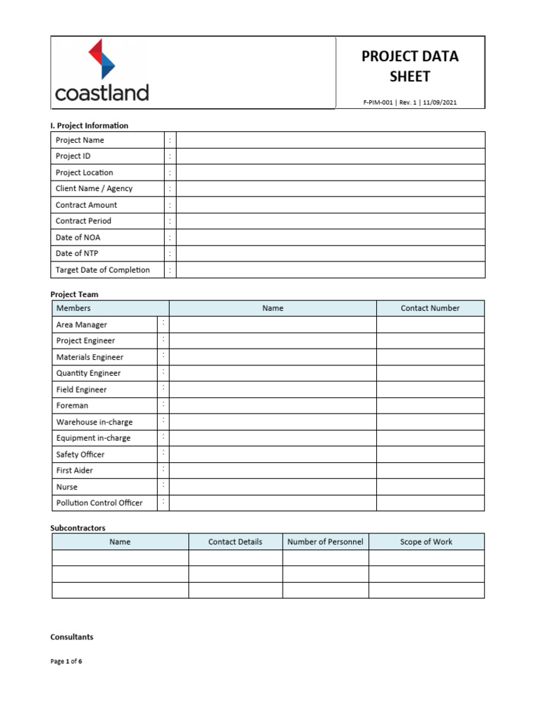 F-PIM-001 Project Data Sheet - Rev 1 - 11092021 | PDF | Safety