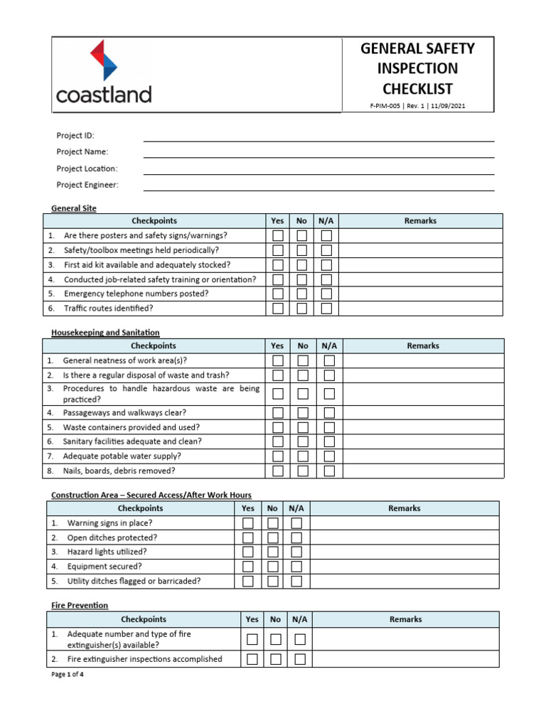 F-PIM-005 General Safety Inspection Checklist - Rev 1 - 11092021 | PDF ...