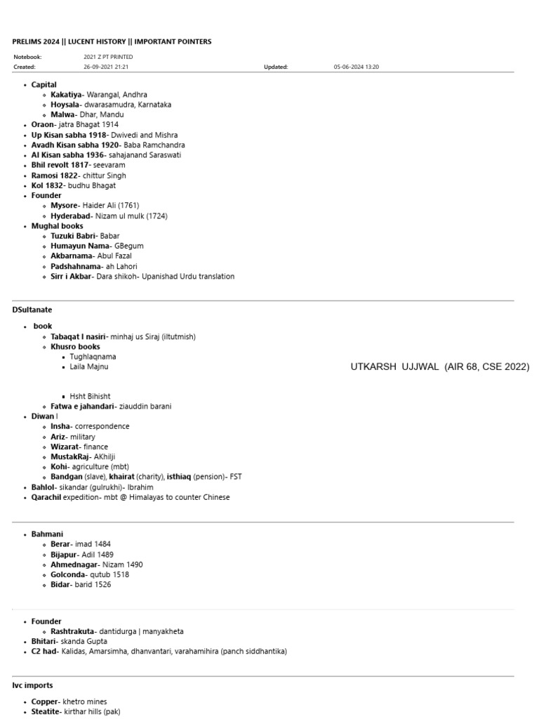 PRELIMS 2024 - LUCENT HISTORY - IMPORTANT POINTERS Presentation | PDF