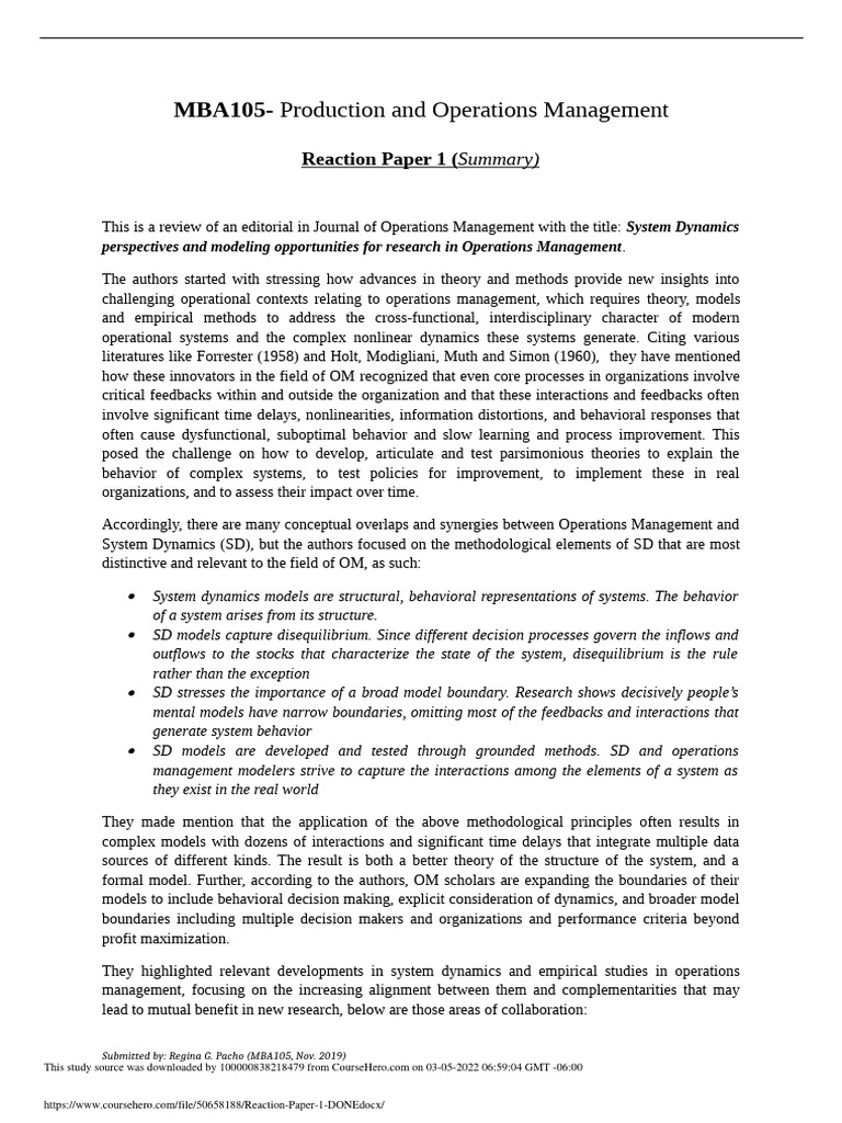 Reaction Paper 1 DONE | PDF | System | Operations Management