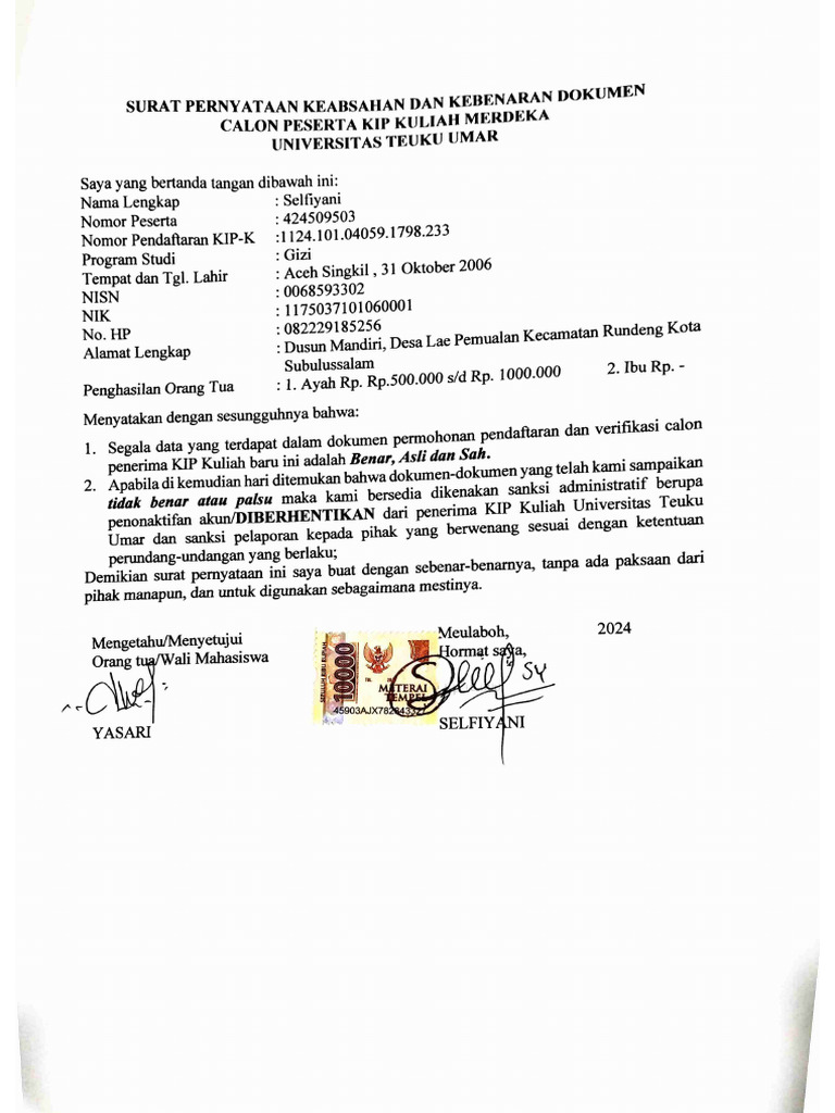 Surat Pernyataan Kip | PDF