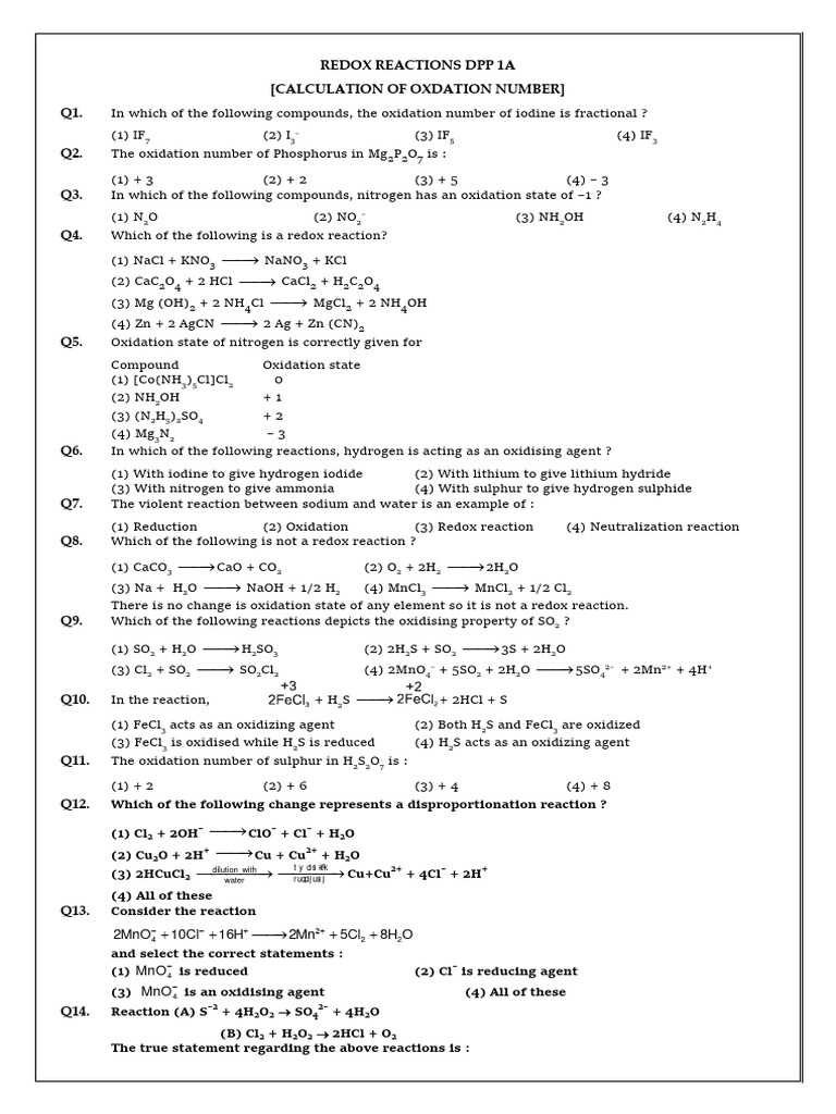 Redox Reactions DPP 1A - (Calculate Oxidation Number) | PDF | Redox ...