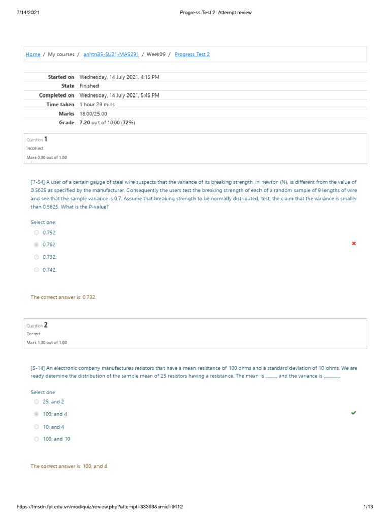 Progress Test 2 Attempt Review Pdf Normal Distribution Standard