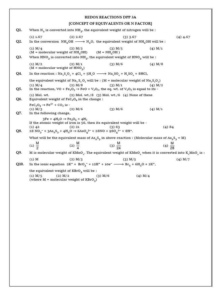 Redox Reactions DPP 3A - (Concept of Equivalents or N Factor) | PDF ...