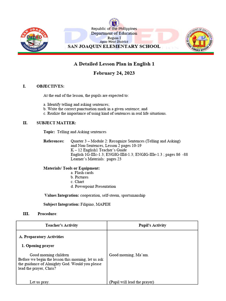 A Detailed Lesson Plan in English 1 | Download Free PDF | Lesson Plan | Behavior Modification