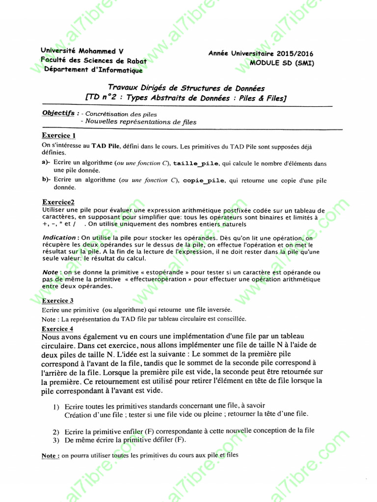 (WWW - Al7ibre - Com) Structures de Donnes - SMI - S4 FSR TD2 | PDF