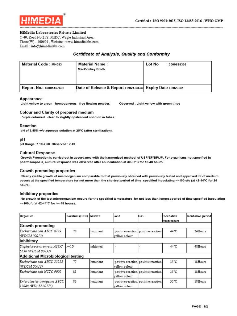 Certificate of Analysis, Quality and Conformity: Certified: ISO 9001: ...