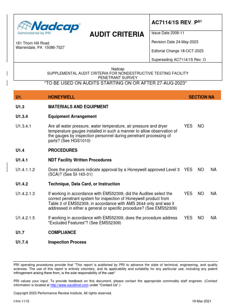 Audit Criteria: To Be Used On Audits Starting On or After 27-Aug-2023 | PDF | Materials