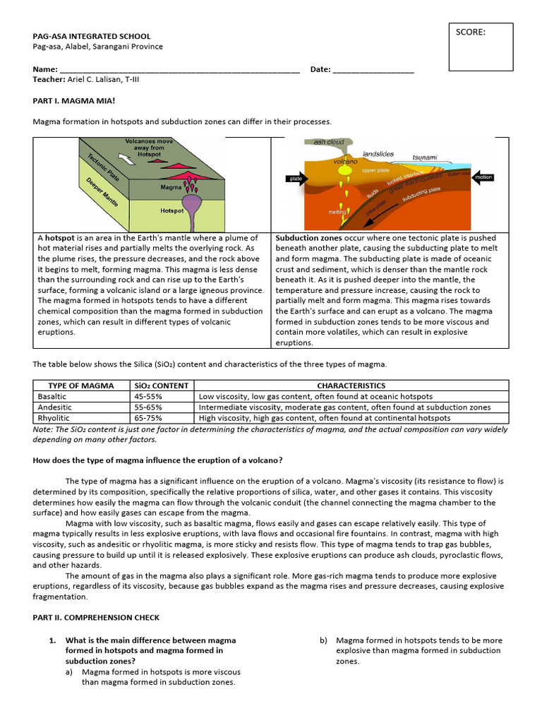 Magma Worksheet 1 | Download Free PDF | Magma | Types Of Volcanic Eruptions