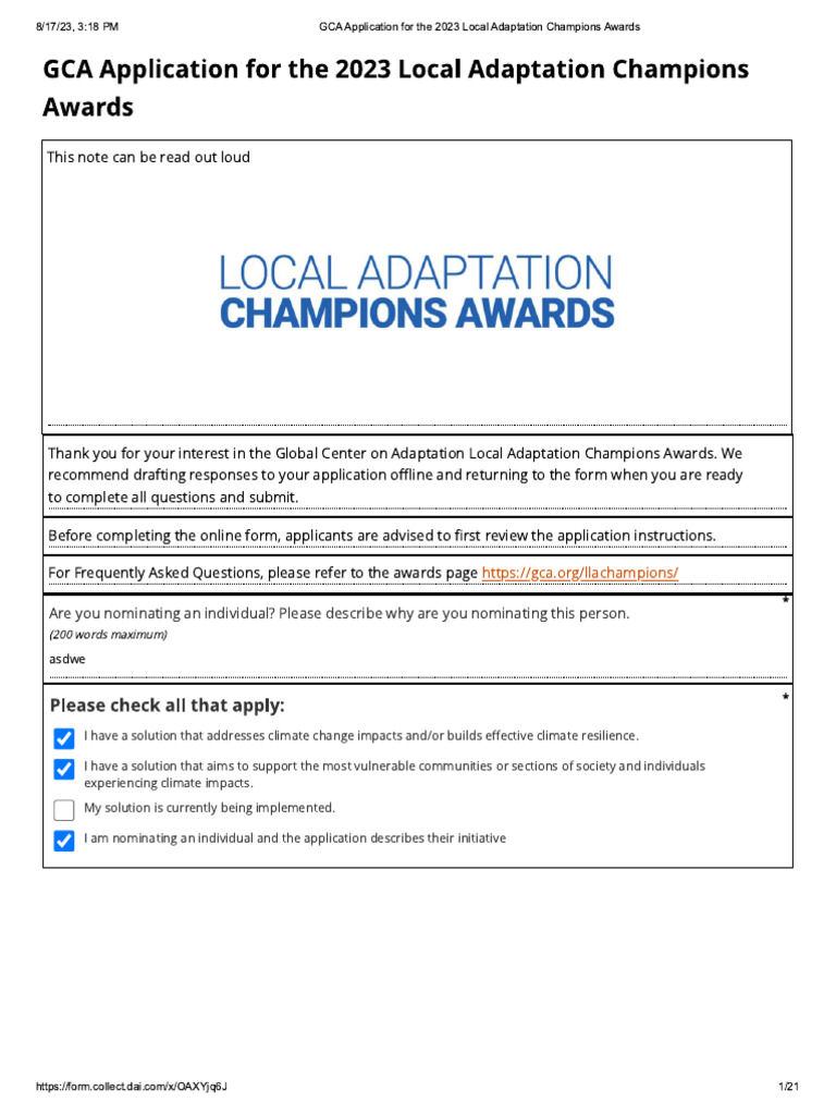 GCA Application Form For The 2023 Local Adaptation Champions Awards | PDF
