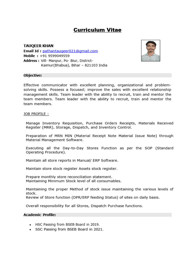 CV Tauqeer | Download Free PDF | Inventory | Business