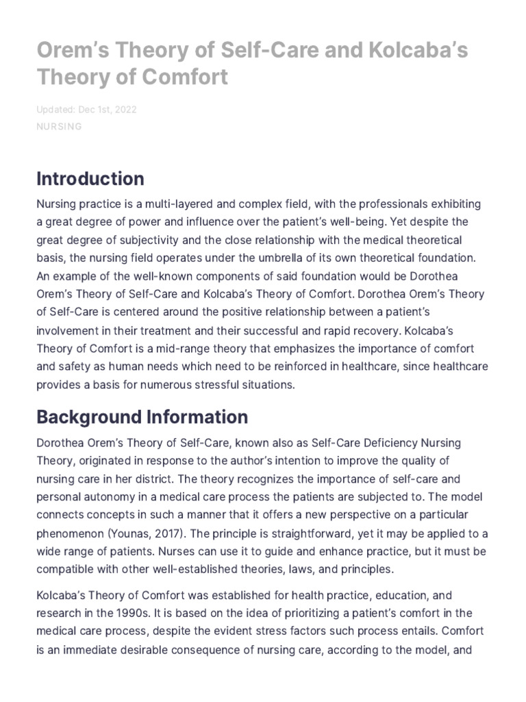 Orem's Theory of Self-Care and Kolcaba's Theory of Comfort - Essay ...