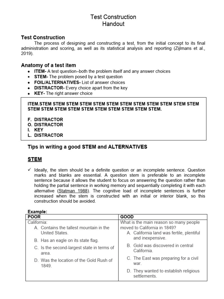 Handout - Test Construction | PDF | Validity (Statistics) | Cognition