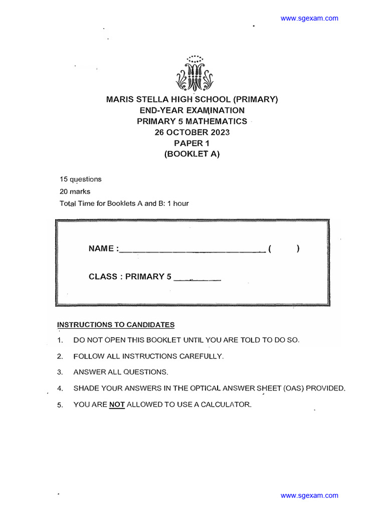 2023-P5-Maths-End Of Year Exam-Maris Stella | PDF