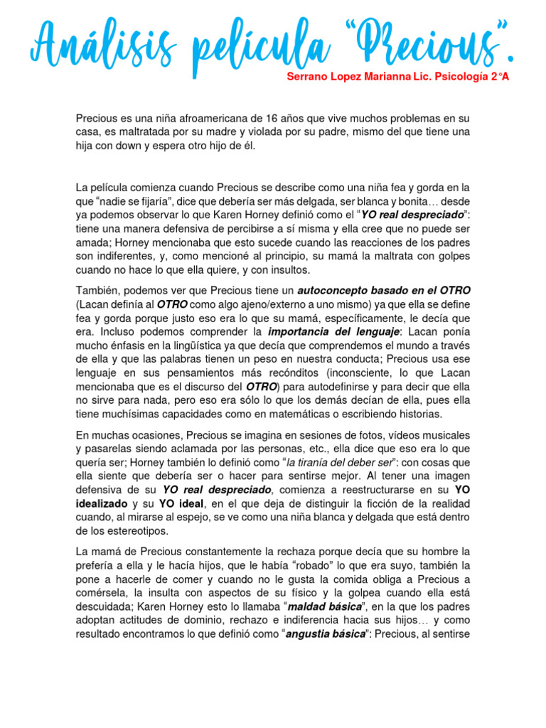 Análisis Película Precious | PDF | Jacques Lacan | Sicología