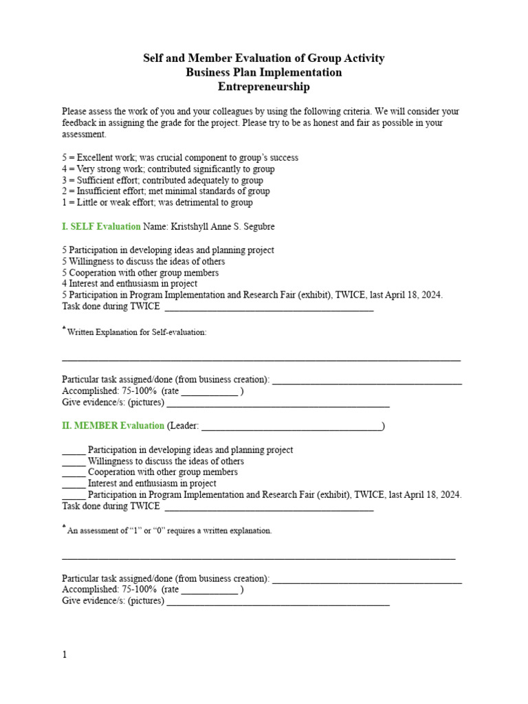 Self and Member Evaluation Form - HUMSS | PDF | Cognitive Science | Behavioural Sciences