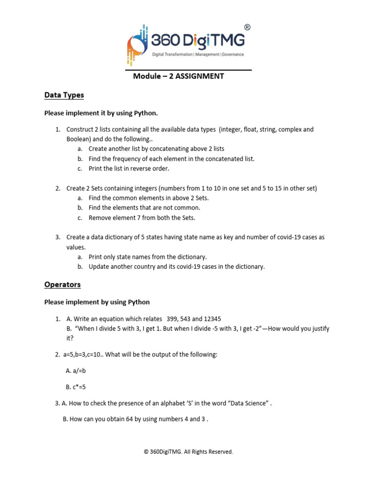 Module 2 Data Types Operators Variables Assignment Pdf Data Type Integer
