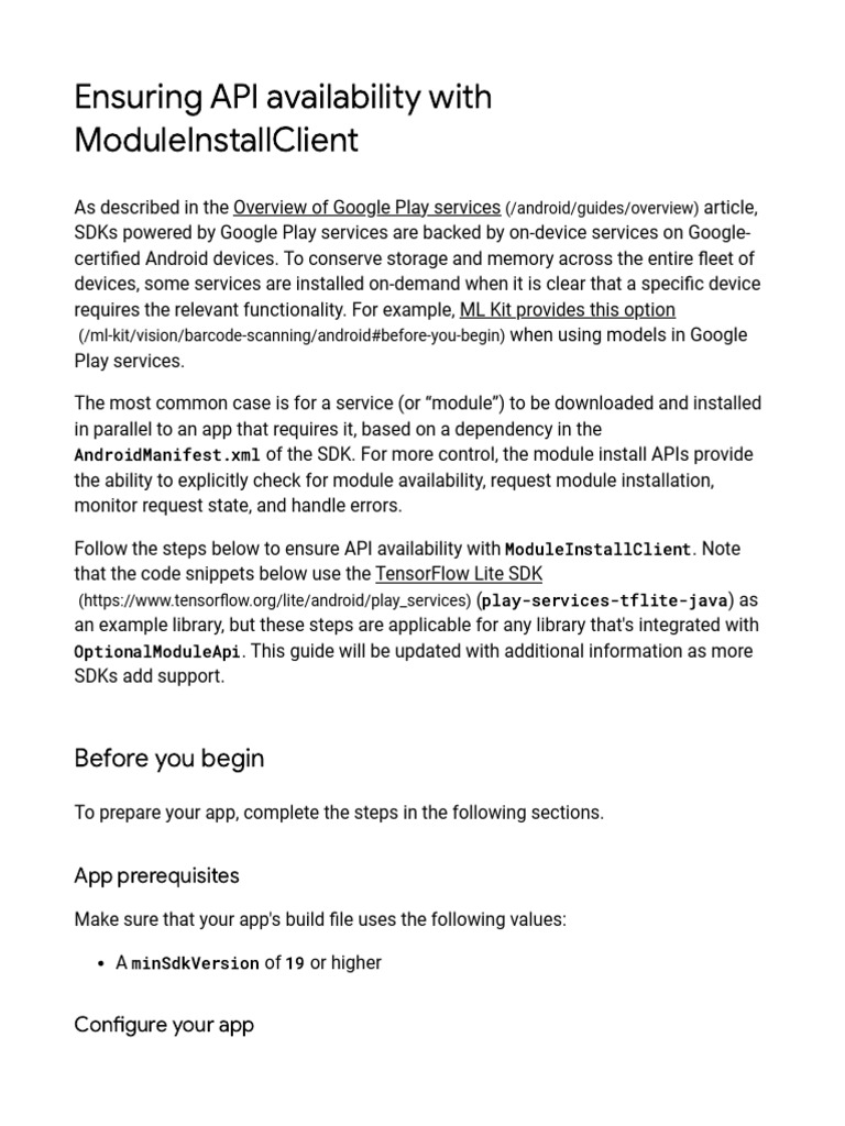 API Availability with ModuleInstallClient | PDF | Google Play | Software Development Kit