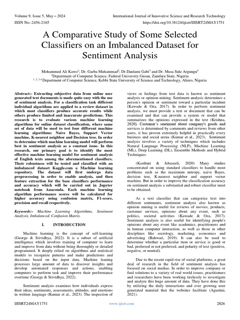 A Comparative Study of Some Selected Classifiers On An Imbalanced Dataset For Sentiment Analysis ...