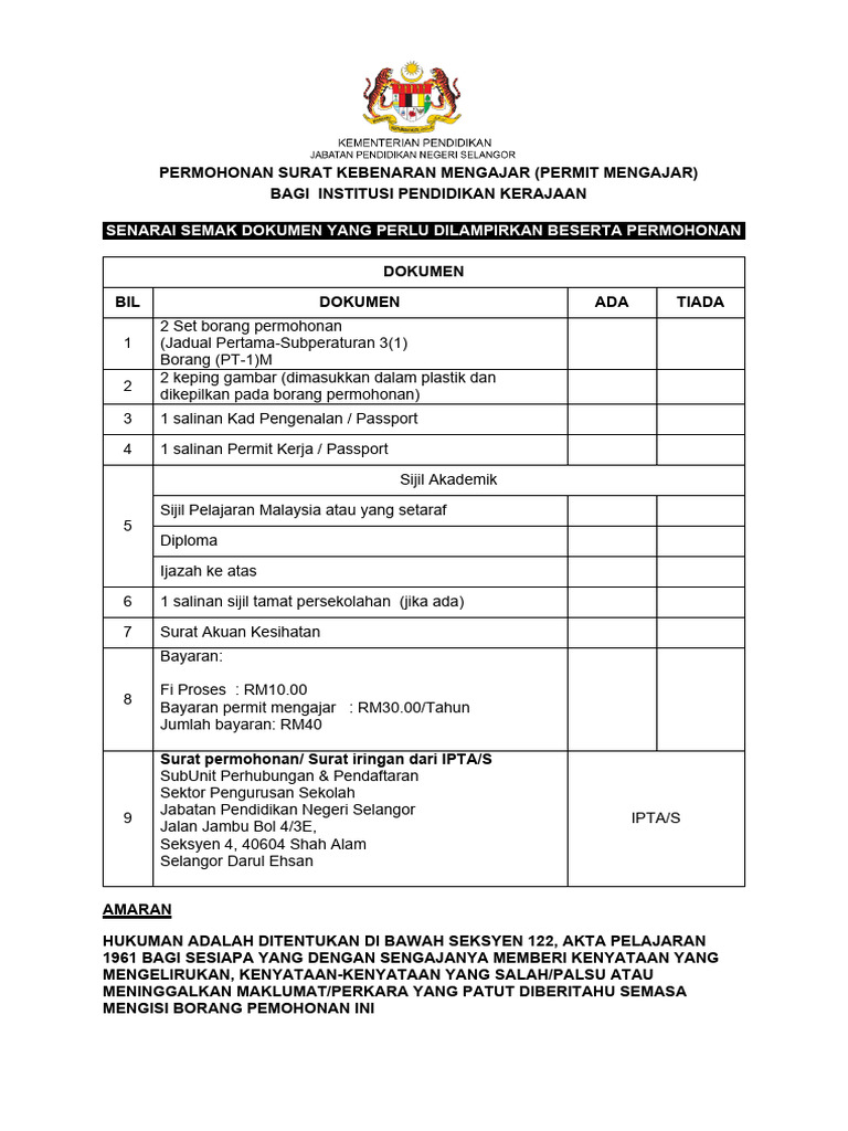 Panduan Permohonan Permit Mengajar | PDF