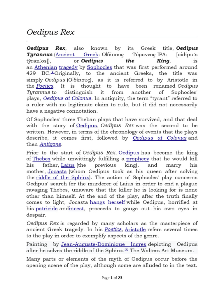 Notes On Oedipus The King | PDF | Oedipus | Sophocles
