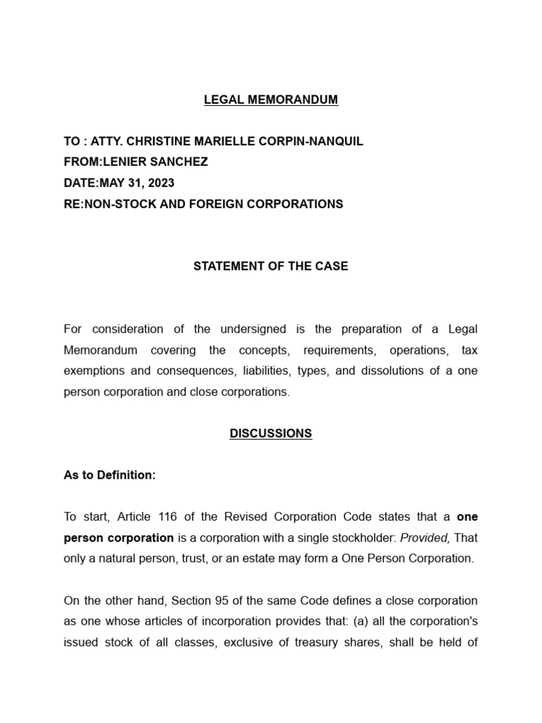 Legal Memorandum 3 | PDF | Corporations | Stocks