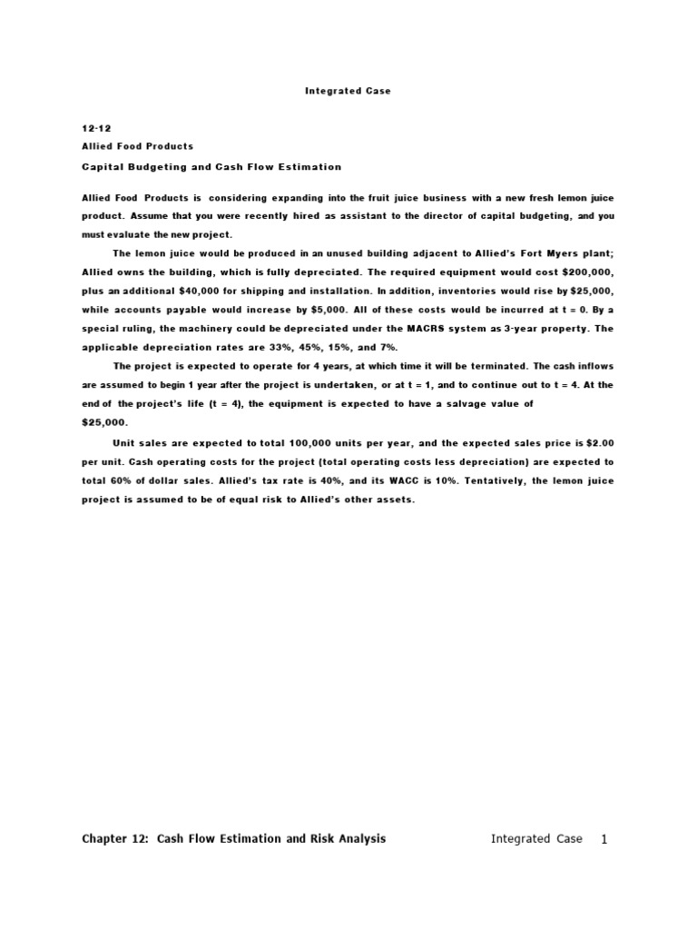 Allied Food Products Capital Budgeting and Cash Flow Estimation Case ... Allied Food Products Capital Budgeting and Cash Flow Estimation Case ...