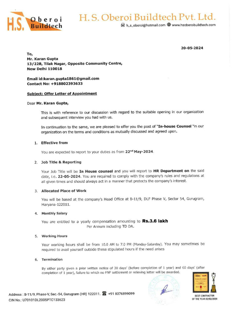 Offer Letter Karan Gupta. PDF | PDF