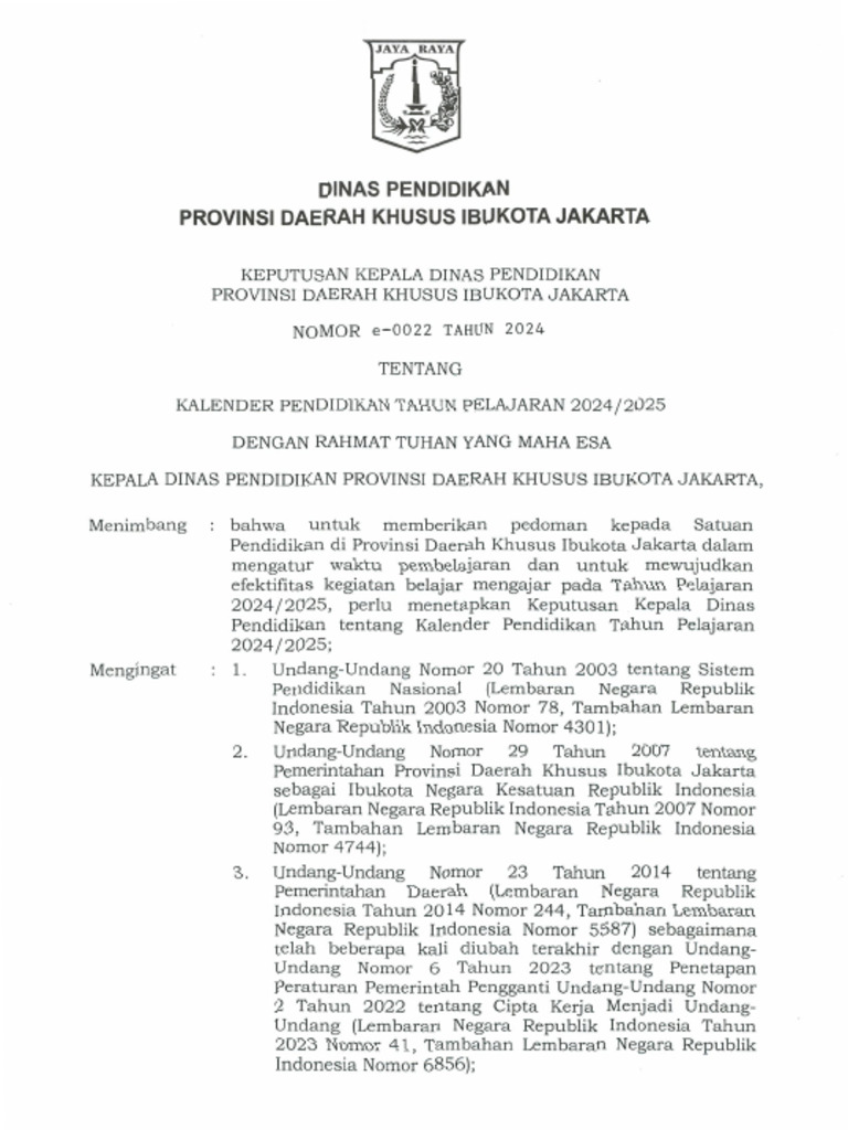 SK Kadisdik Nomor E-0022 Tahun 2024 Tentang Kalender Pendidikan Tahun Pelajaran 2024_2025 | PDF