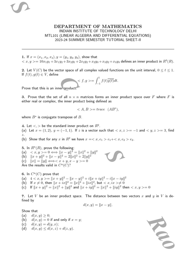 MTL101-Tutorial Sheet 2 | PDF | Linear Subspace | Basis (Linear Algebra)