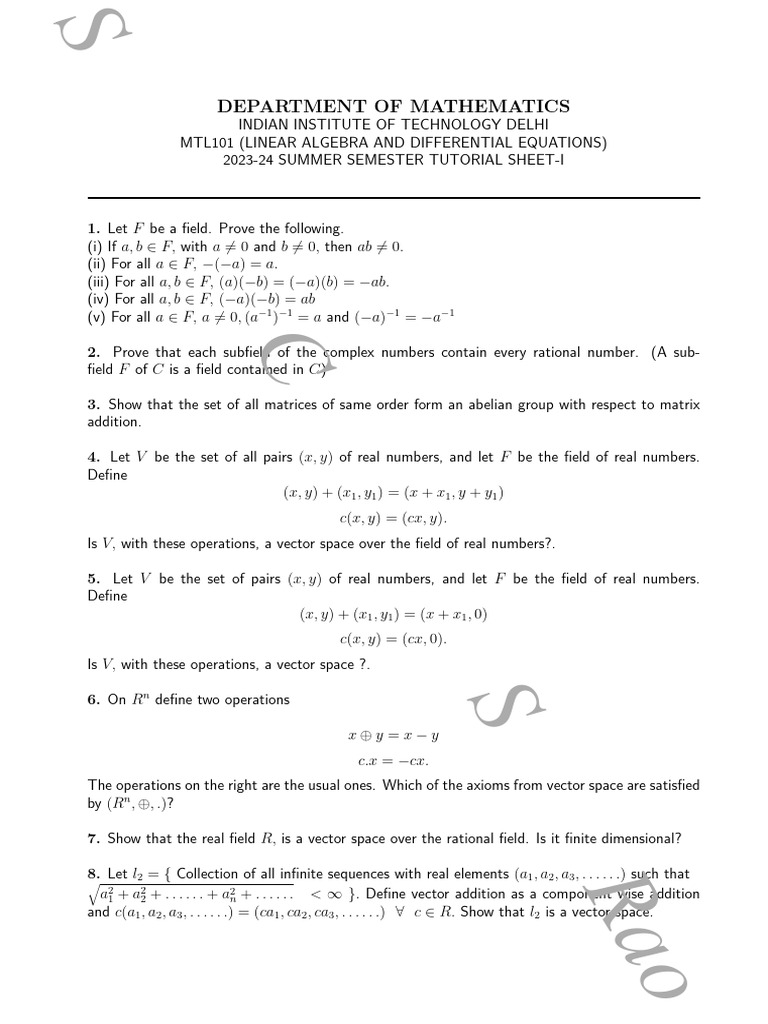 MTL101-Tutorial Sheet 1 | PDF | Field (Mathematics) | Vector Space