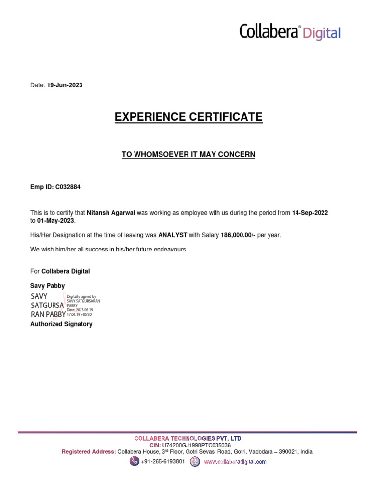 Collabera Experience Certificate for Analyst | PDF