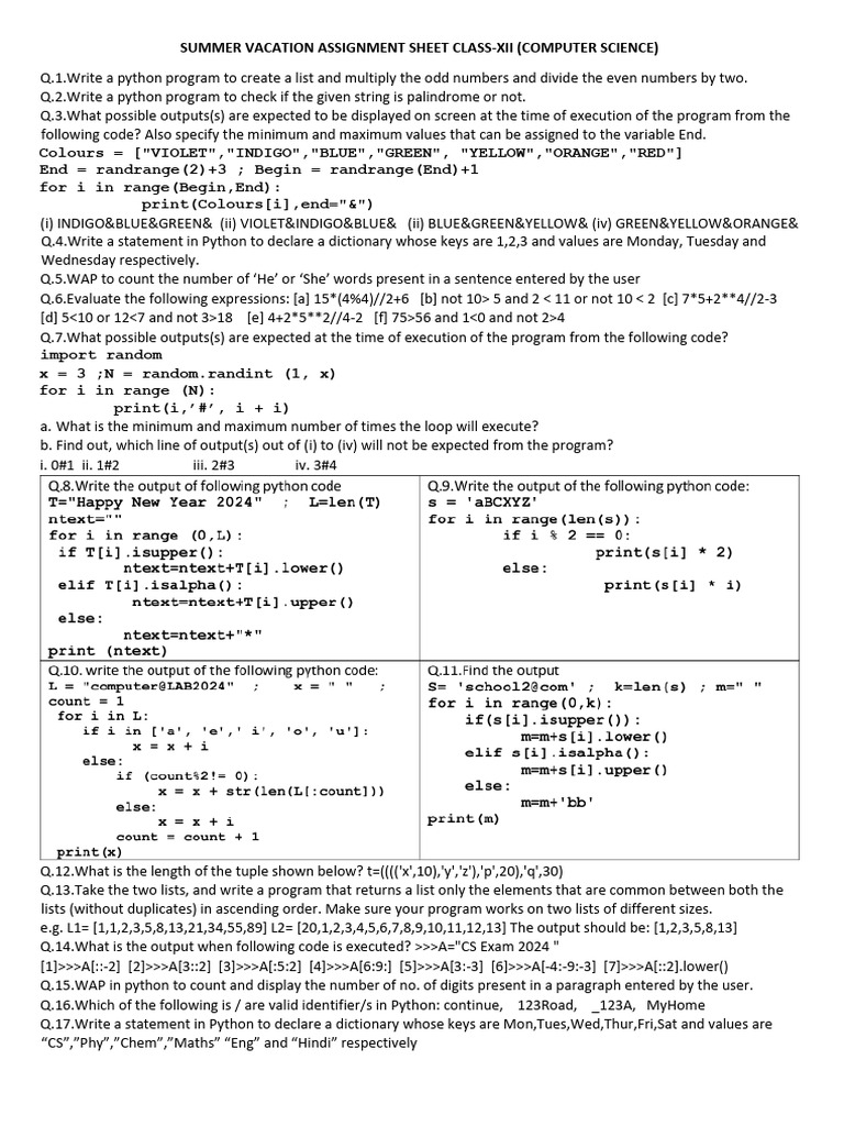 Summer Vacation Assignment Xii Cs 2024 Pdf Blue Computer Programming