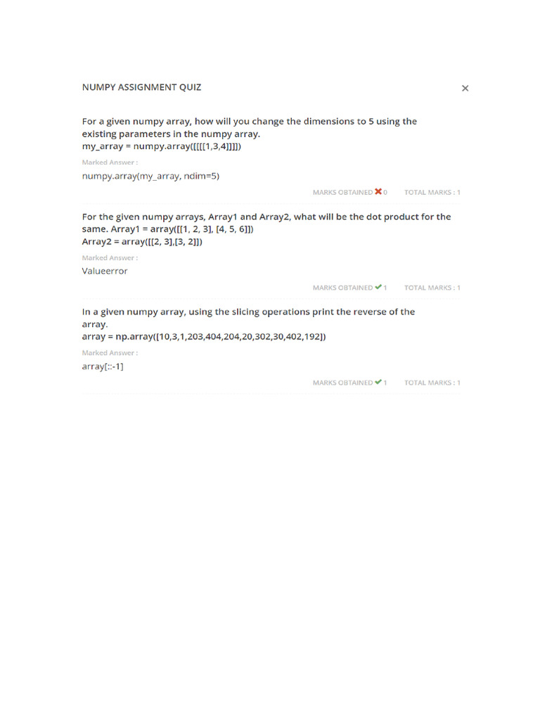 Numpy Assignment Quiz | PDF