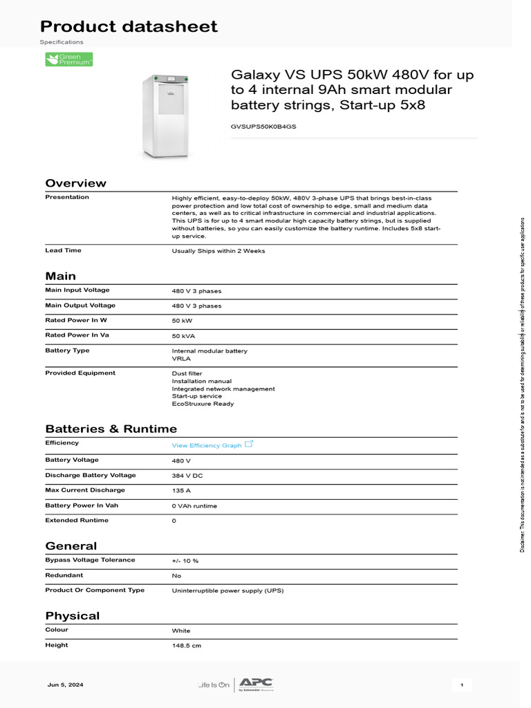 APC Galaxy-VS GVSUPS50K0B4GS | PDF | Electric Power | Electrical Components