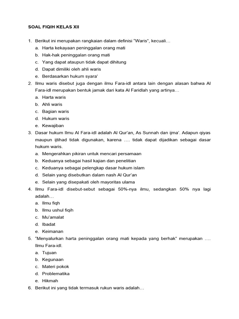 Soal Fiqih Kelas XII: Ilmu Waris | PDF | Politik | Ilmu Sosial